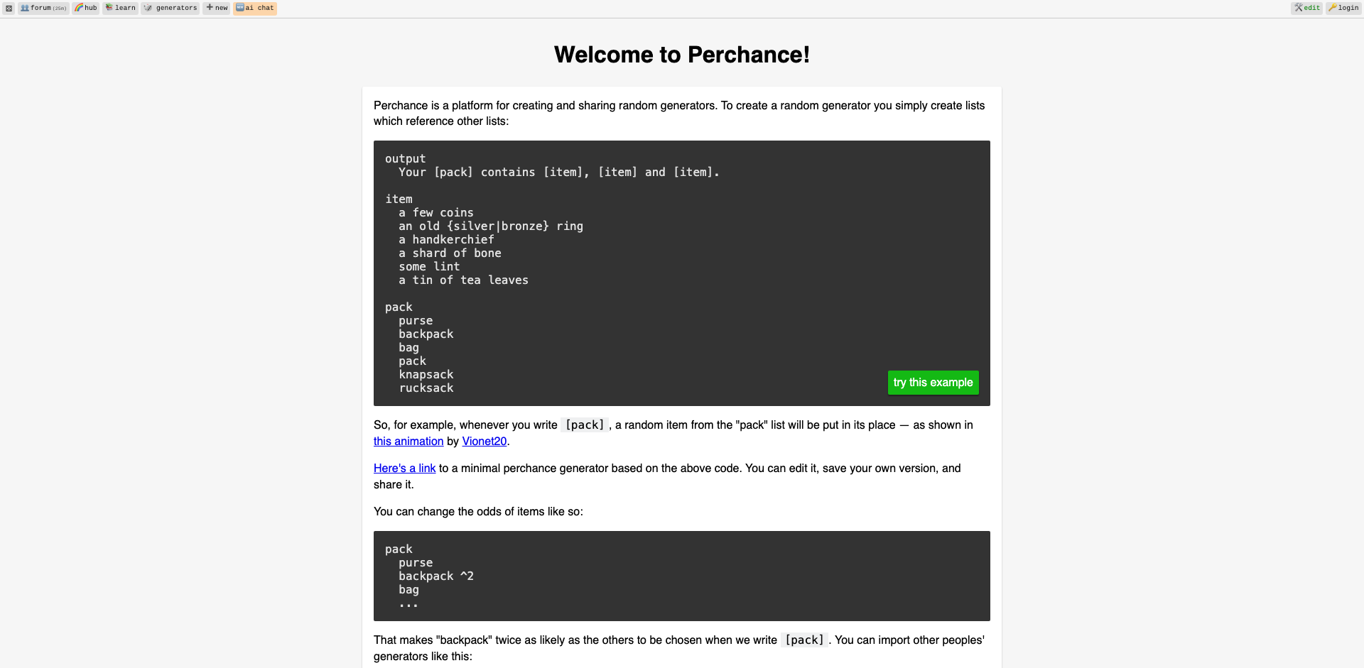 Perchance - Creative random content generation platform for building custom generators ...